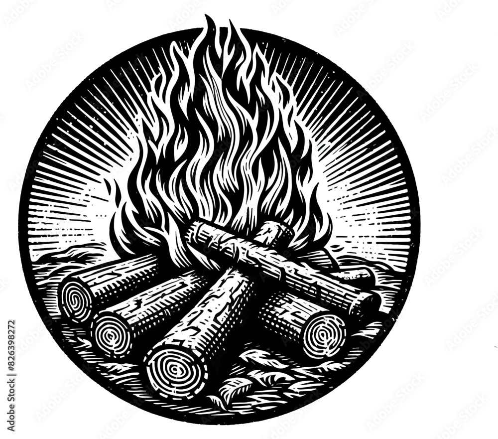 Vetor de campfire engraving black and white outline bonfire clipart ...