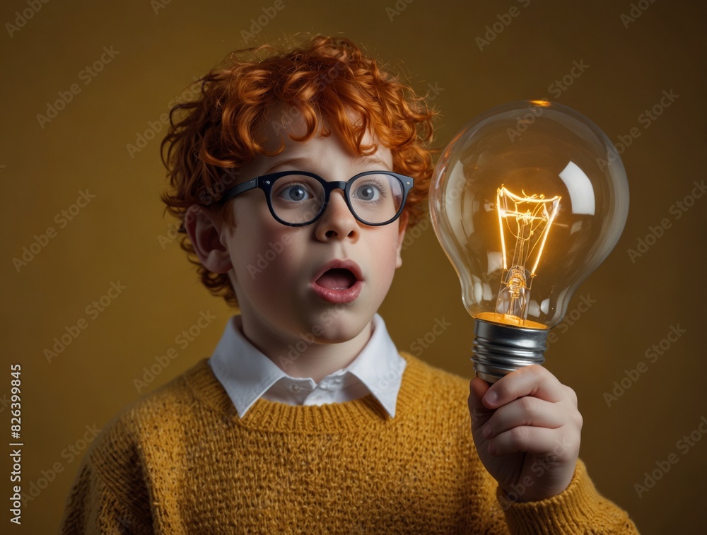 Bright Idea Concept: Smart Boy with Glasses Holding an Illuminated ...