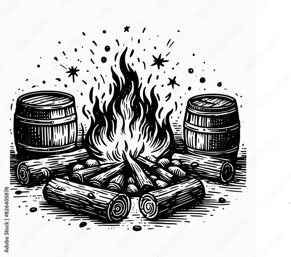 campfire engraving black and white outline bonfire clipart drawing ...