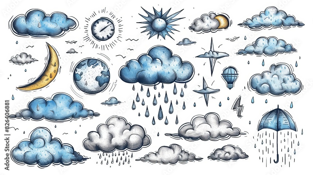 The weather conditions doodle set contains hand-drawn clouds, rain ...