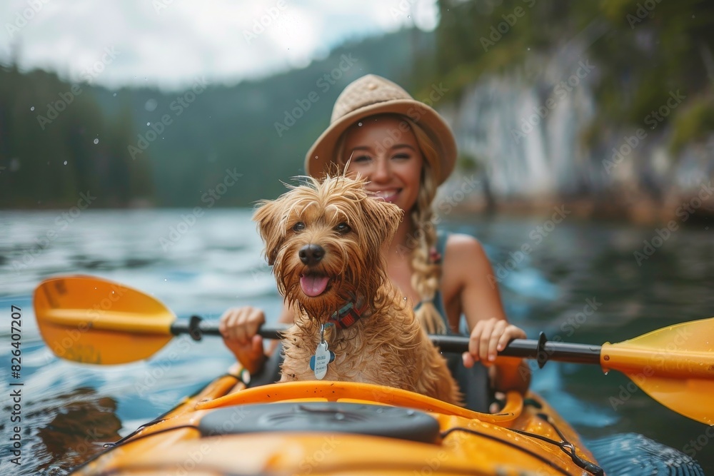 A joyful woman takes the back seat of a kayak with her excited dog at ...