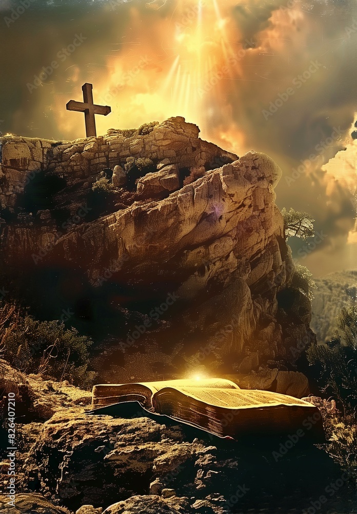 bible book with jesus cross on mount golgotha, jerusalem, israel Stock ...