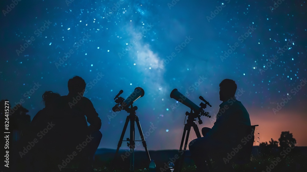 a close-up image of friends sitting together with telescopes, their ...
