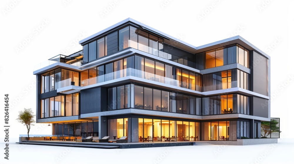 Modern hotel exterior with sleek architecture, glass facade, and bright ...