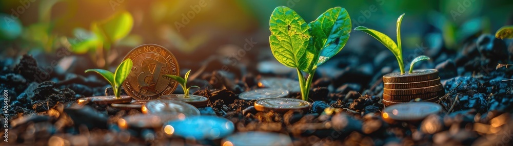 Young plants sprouting through soil with scattered coins, representing ...