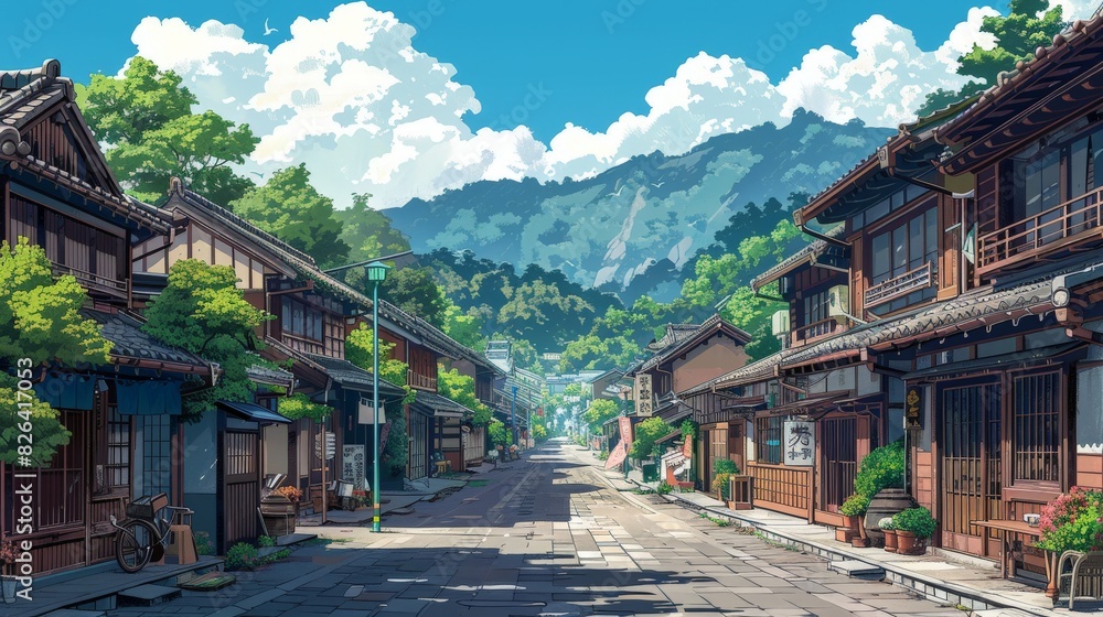 An illustration of a historic Japanese village with narrow streets ...
