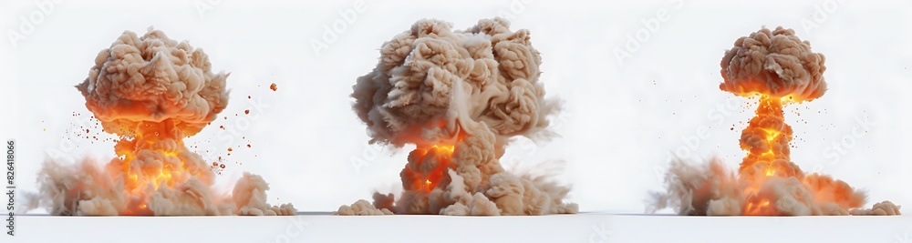 set of three side view 3D model views of nuclear explosion mushroom ...