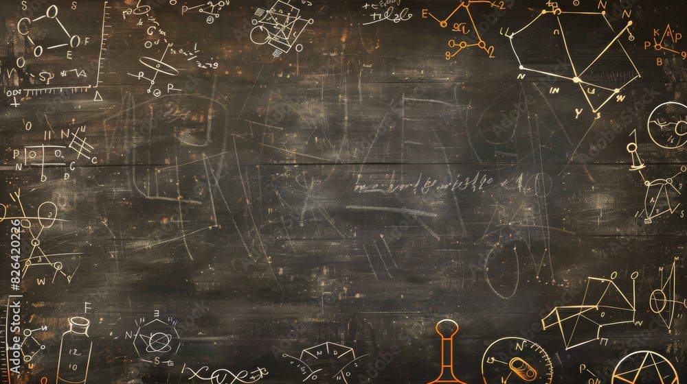 School board with chalk drawing math and chemical formulas, AI ...
