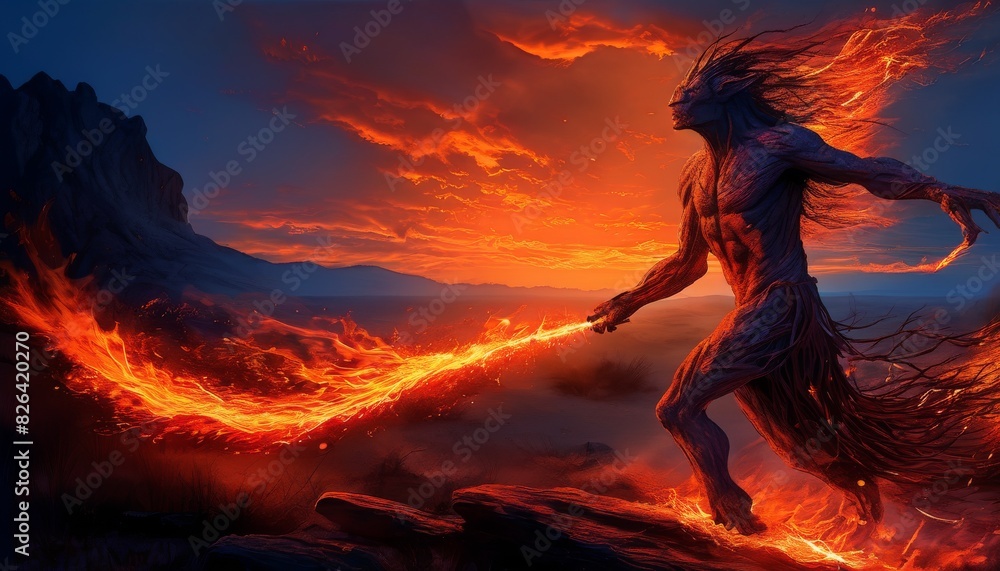 Digital artwork of a mystical fire spirit in a dynamic pose, casting ...