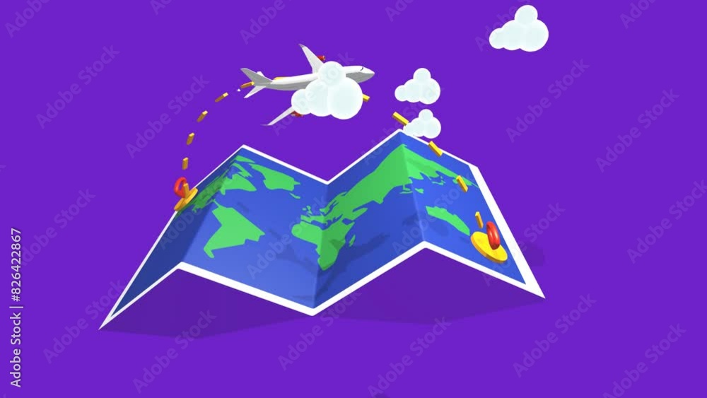 A white airplane is flying over a world map. The airplane is flying ...