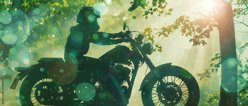 Pastel green motorcycle in forest close up, focus on, copy space ...