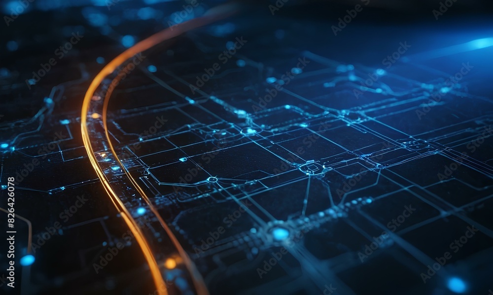 Data nodes on a hash board abstract blue and golden metal. Concept of ...