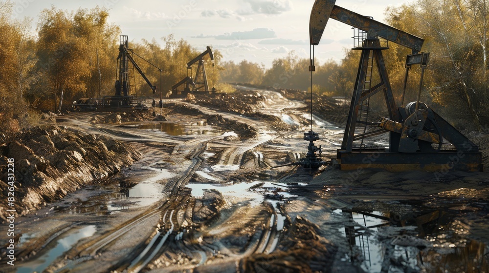 Field with multiple pumpjacks, also known as nodding donkeys, in ...