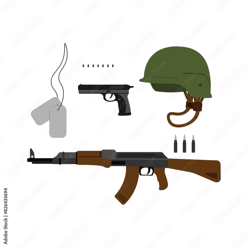 Military helmet, machine gun, pistol and military name badge. Stock ...