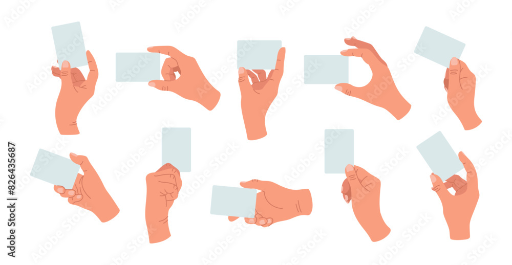 Set with hands holding a blank card. Cartoon flat vector illustration ...
