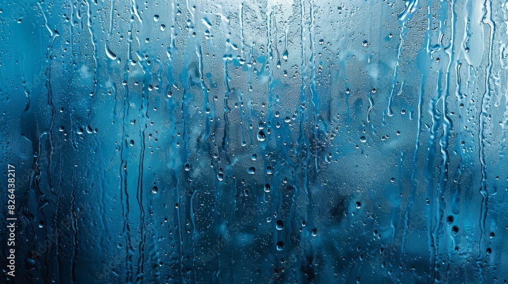 abstract background with rain droplets on window creating blue aqua ...
