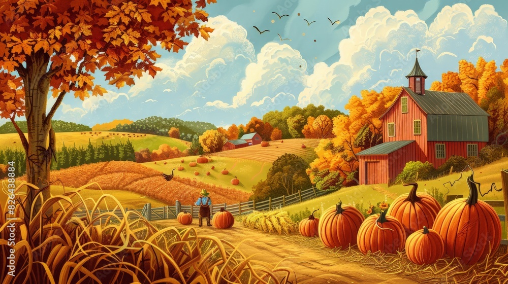 Autumn Harvest: Illustrate a vibrant autumn harvest scene with farmers ...