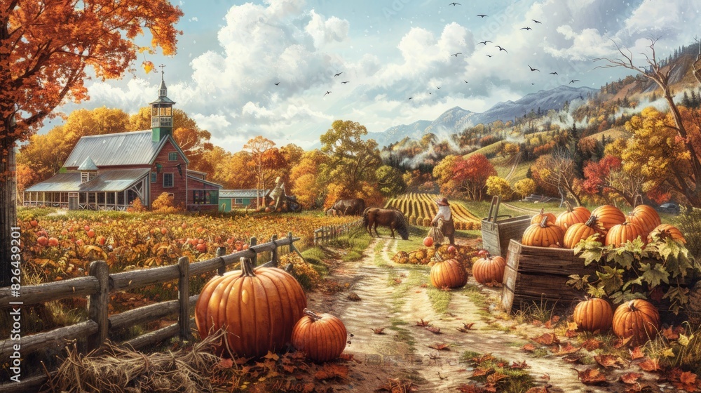 Autumn Harvest: Illustrate a vibrant autumn harvest scene with farmers ...
