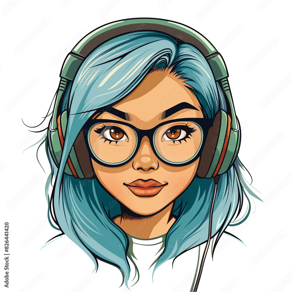 asian girl with blue hair wearing headphones and glasses . Clipart PNG ...