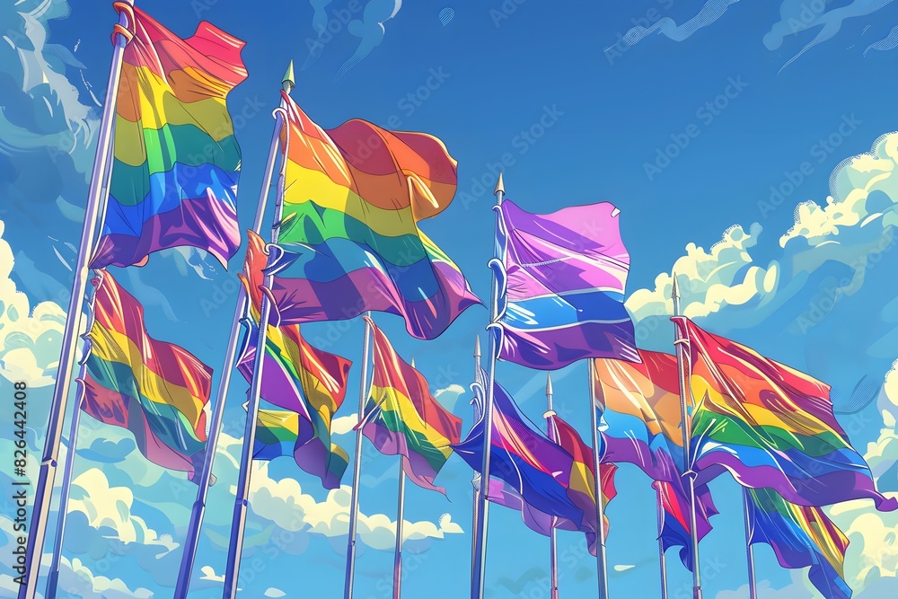 Pride flags: Illustrate a scene of pride flags, with a variety of ...