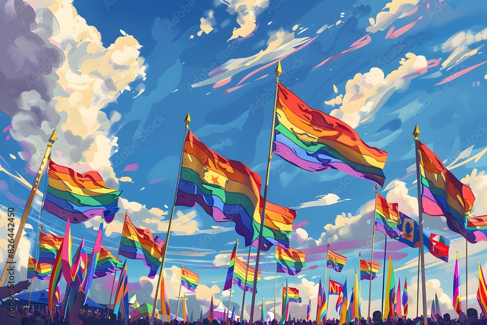 Pride flags: Illustrate a scene of pride flags, with a variety of ...