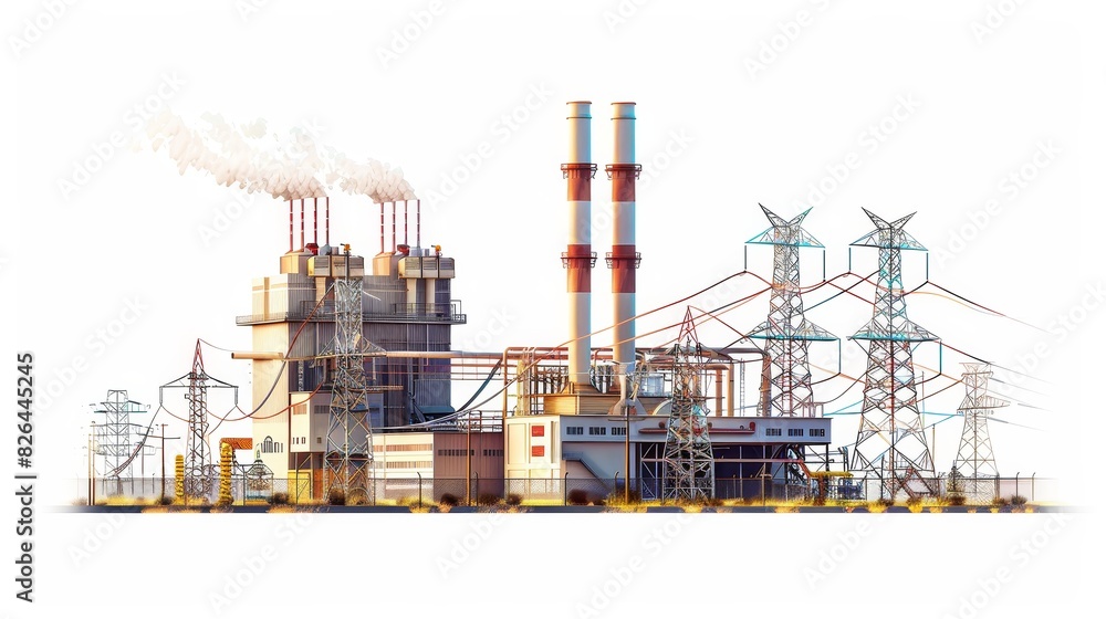 Electric power plant with high-voltage transmission lines, industrial ...