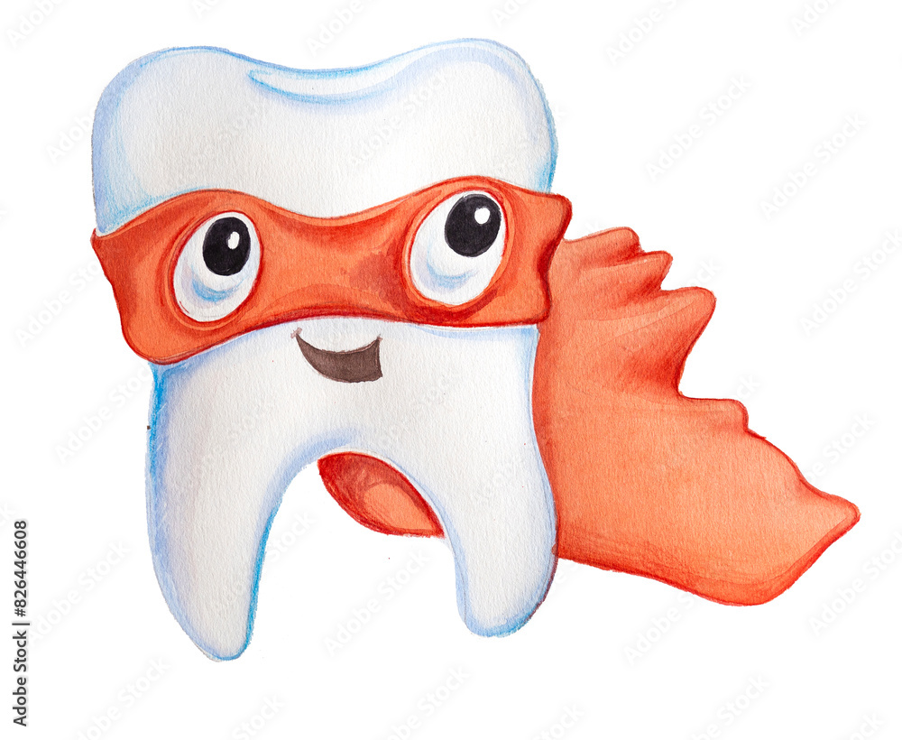 Superhero tooth cartoon design.Watercolor hand painted kids tooth ...