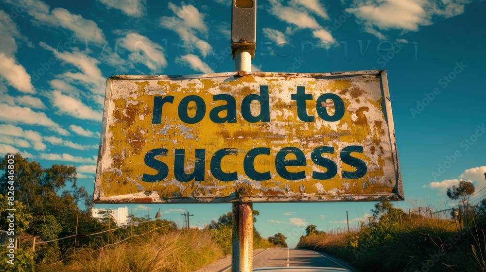 A road sign with the words Road to Success stands on the side of a road ...