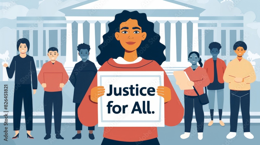 A justice advocate illustration in 2D flat style, featuring a character ...