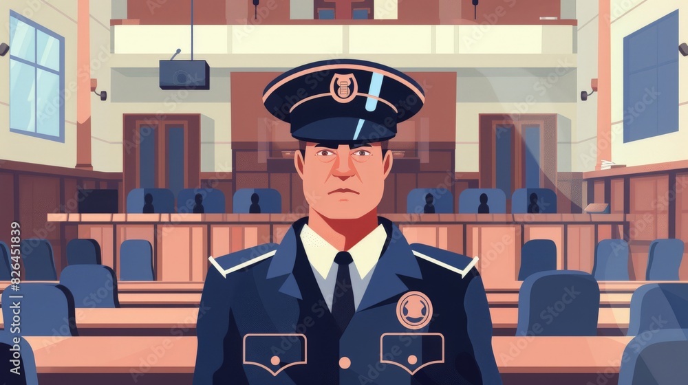 A flat design bailiff character in 2D flat style, depicted in uniform ...