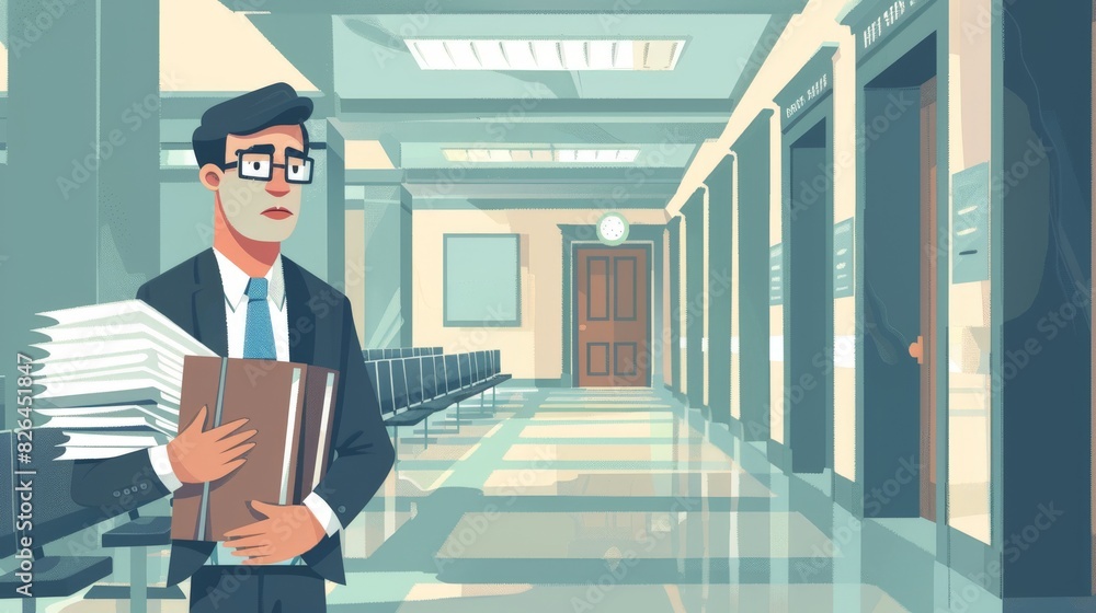 A 2D flat style public defender character wearing a suit and carrying a ...