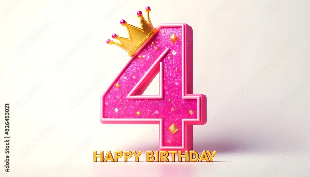 Glittery Pink Number 4 with Golden Crown and "Happy Birthday" Letters ...