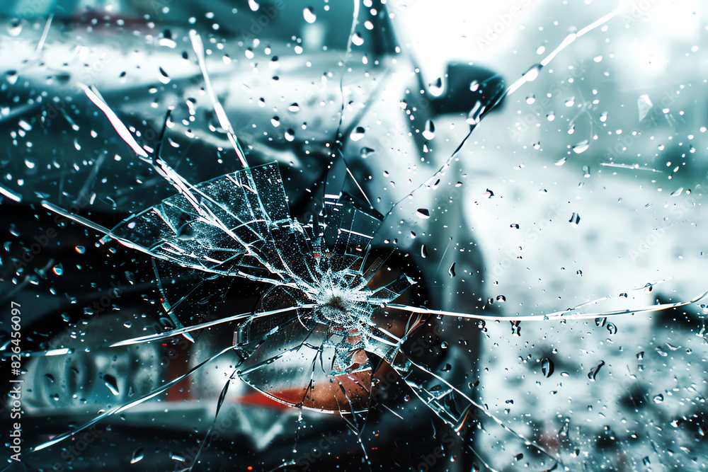 car destruction, vehicle crash, shattered glass, accident scene, close ...