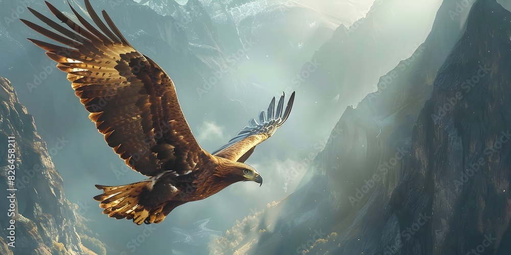 Majestic Eagle Soaring Over Rugged Mountain Gorge Symbol of Freedom and ...