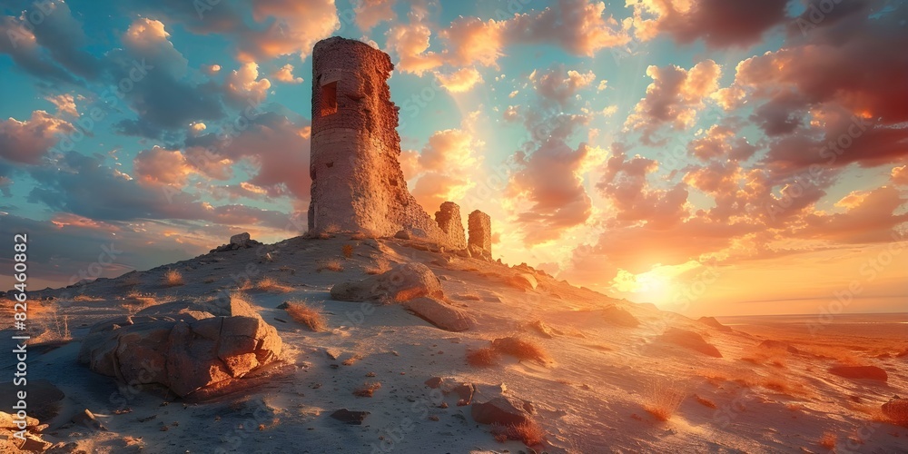Ancient tower remains on desert hill glows under divine light backdrop ...