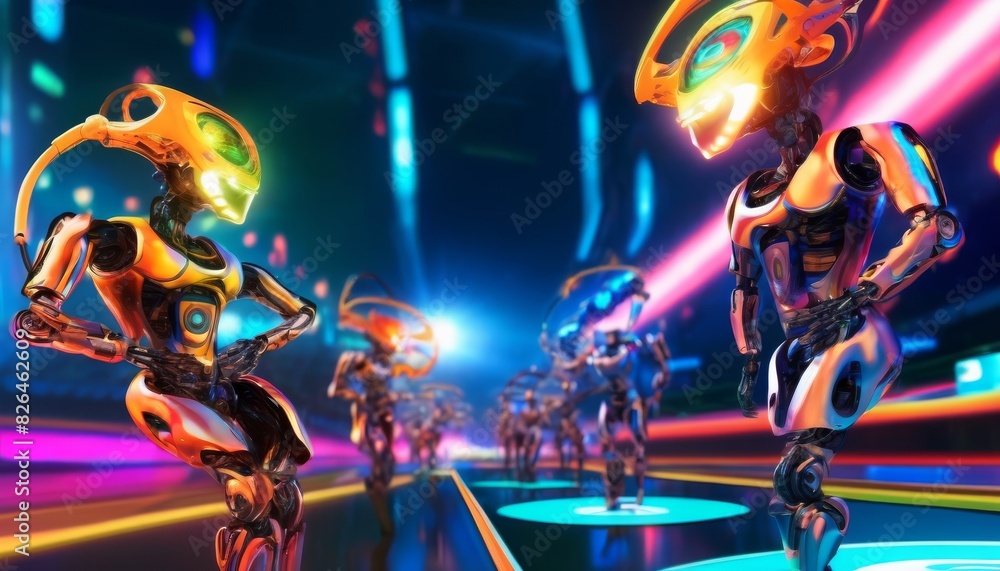 Vibrant scene at a futuristic dance club featuring sleek robots with ...