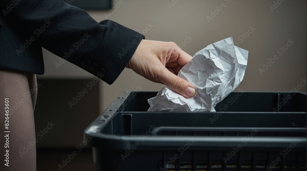 Office Cleanup: Discarding Paper Waste in a Recycling Bin Stock Photo ...