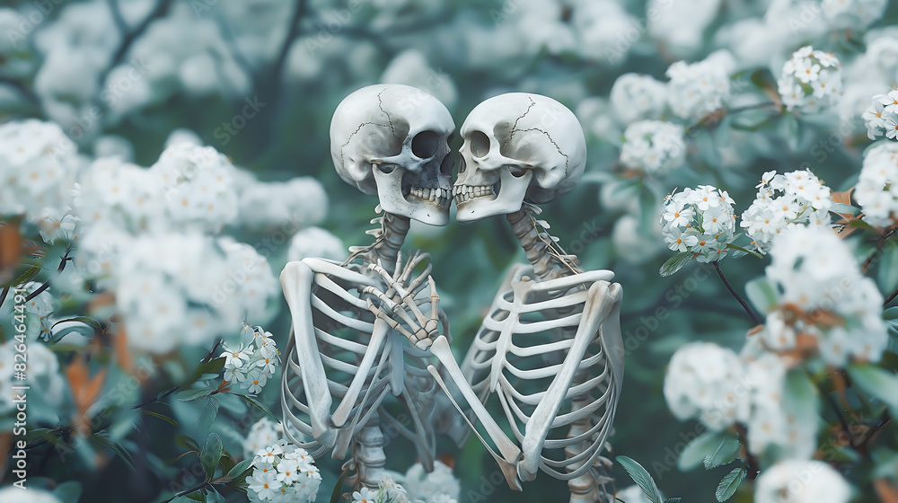 Two skeleton man and woman holding hands and kissing the skull from ...