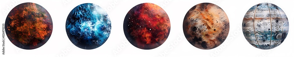 Vibrant planetary art style with a white background features five ...