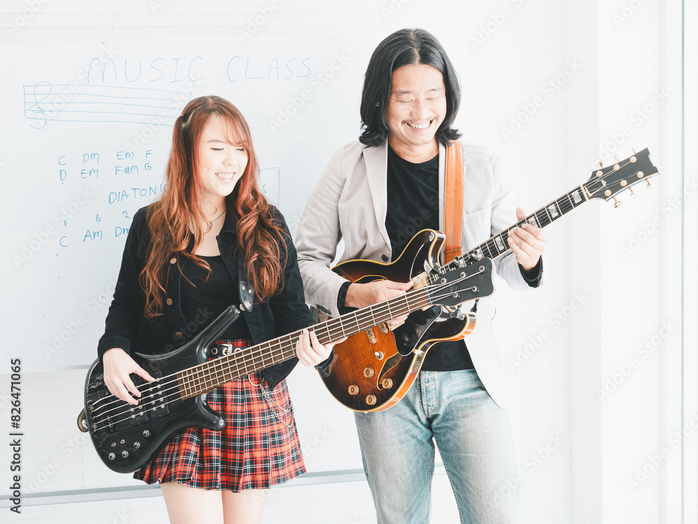 joyful duo Asian artist rock band of young girl idol on bassist and ...