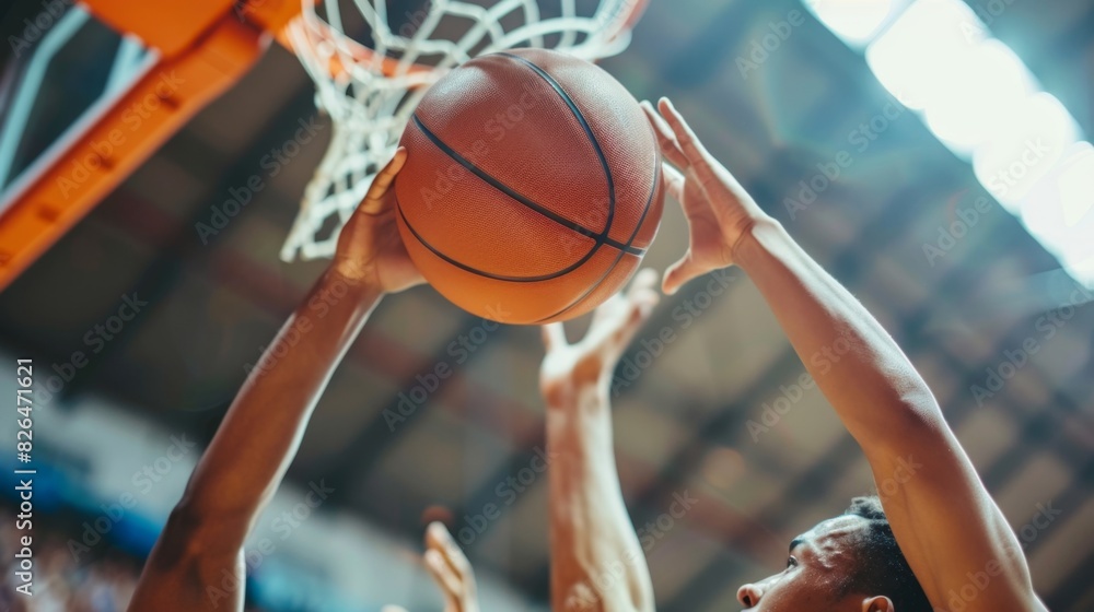 Multiracial men playing basketball on an indoor court, shooting three ...