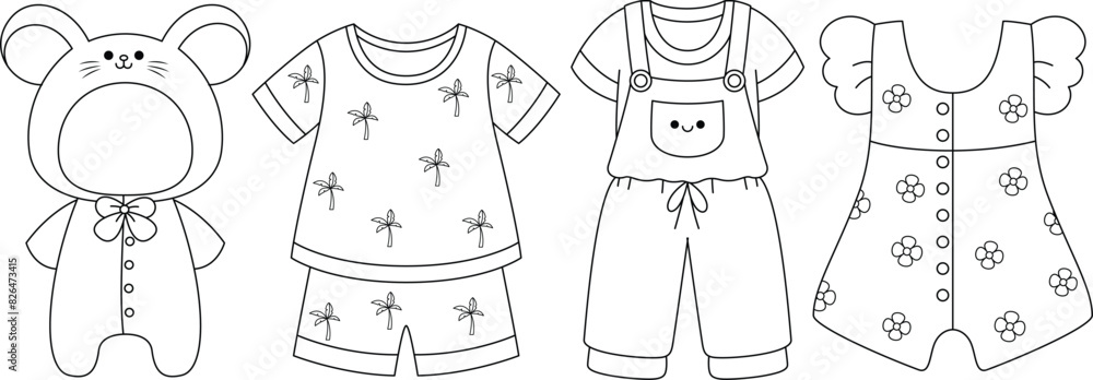 Set of cute baby clothes coloring page for kids isolated on white ...