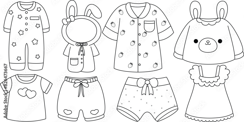 Set of cute baby clothes coloring page for kids isolated on white ...