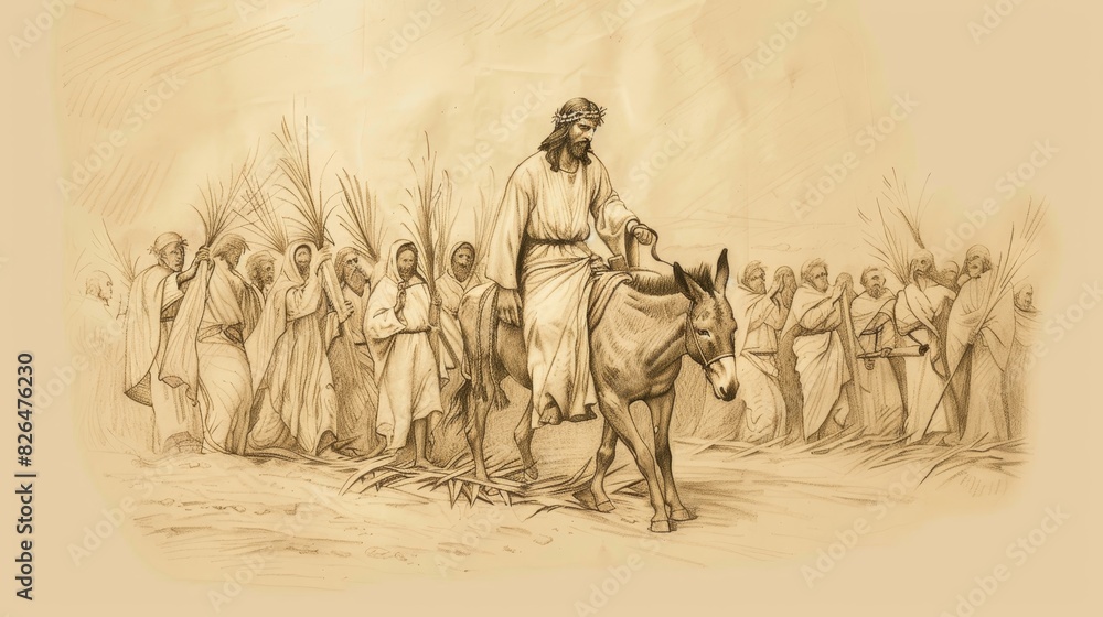 Triumphal Entry of Jesus into Jerusalem, Crowds Waving Palm Branches ...