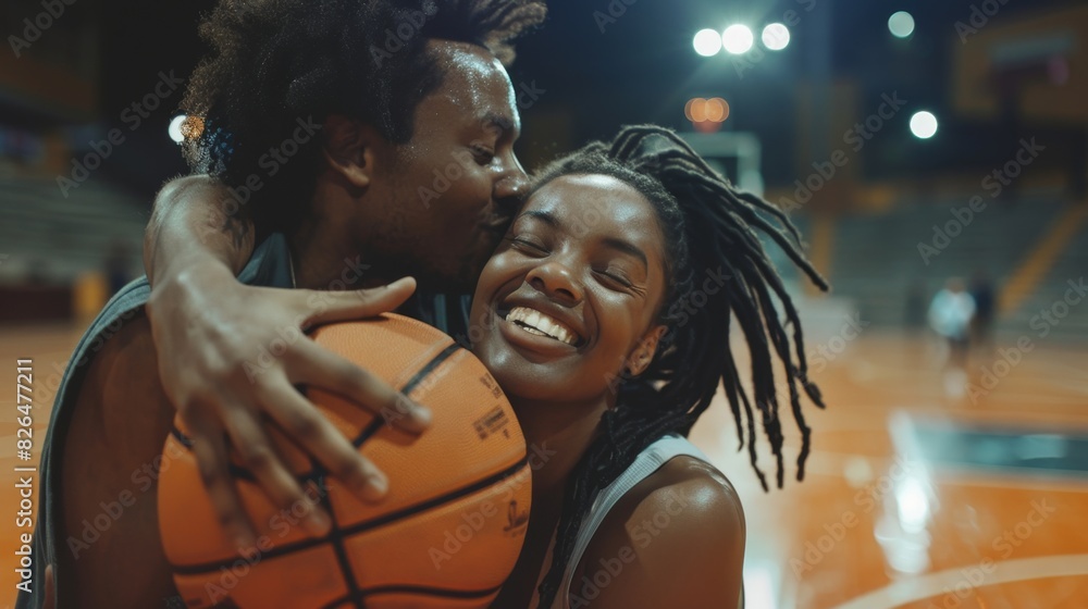 Happy black man celebrating by kissing and hugging his girlfriend after ...