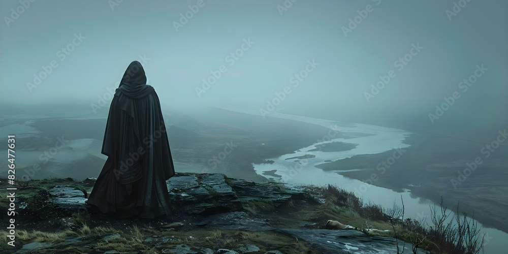 Eerie somber landscape overlook by mysterious figure in dark cloak. Concept Eerie Landscape ...