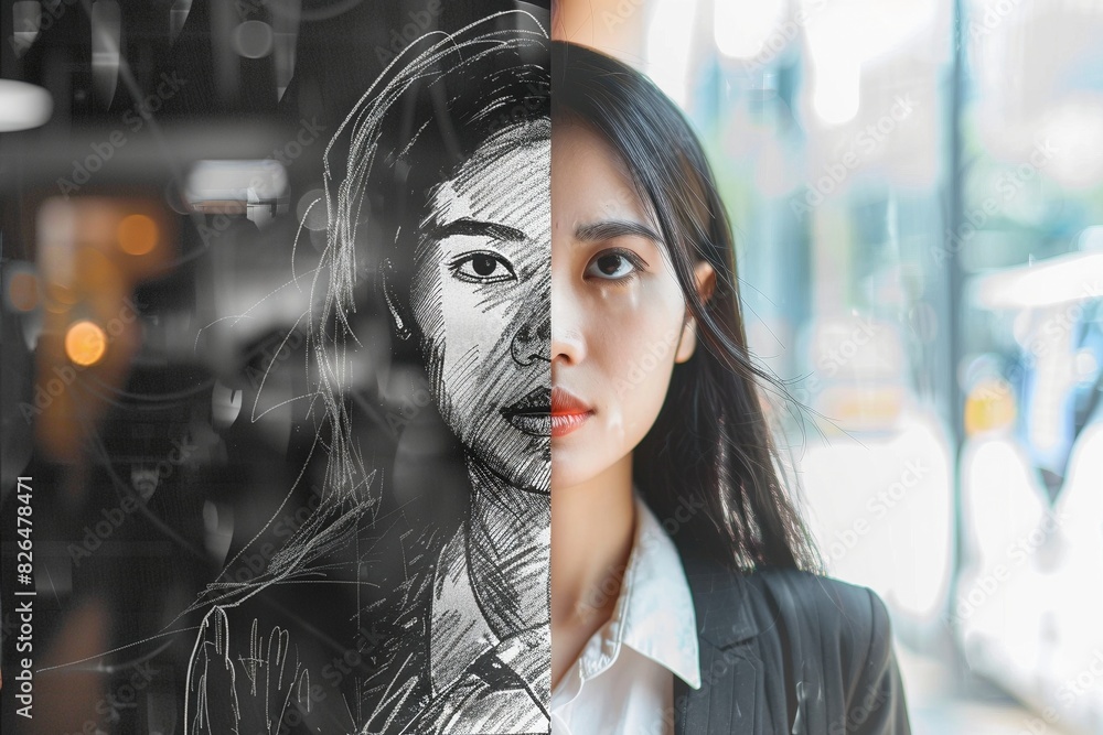 Creative Duality: A professional woman, depicted in a split-screen image. The right side shows a ...