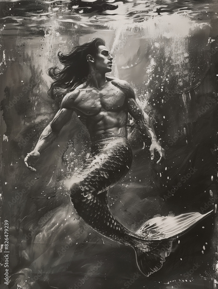 merman in the water - black and white sketch illustration - generative ...