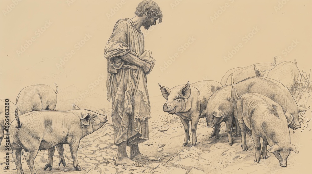 Biblical Illustration of Parable of Prodigal Son, Son in Rags Among ...