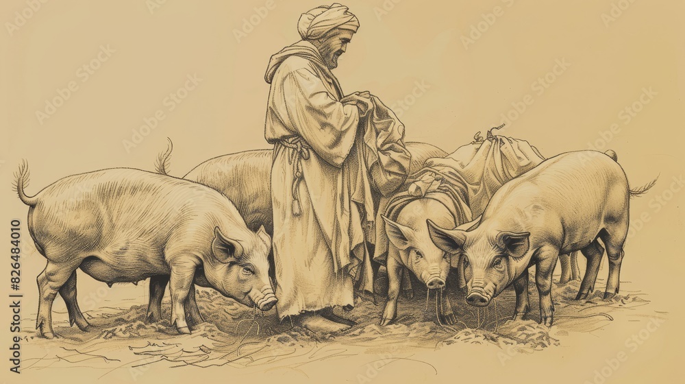 Biblical Illustration of Parable of Prodigal Son, Son in Rags Among ...